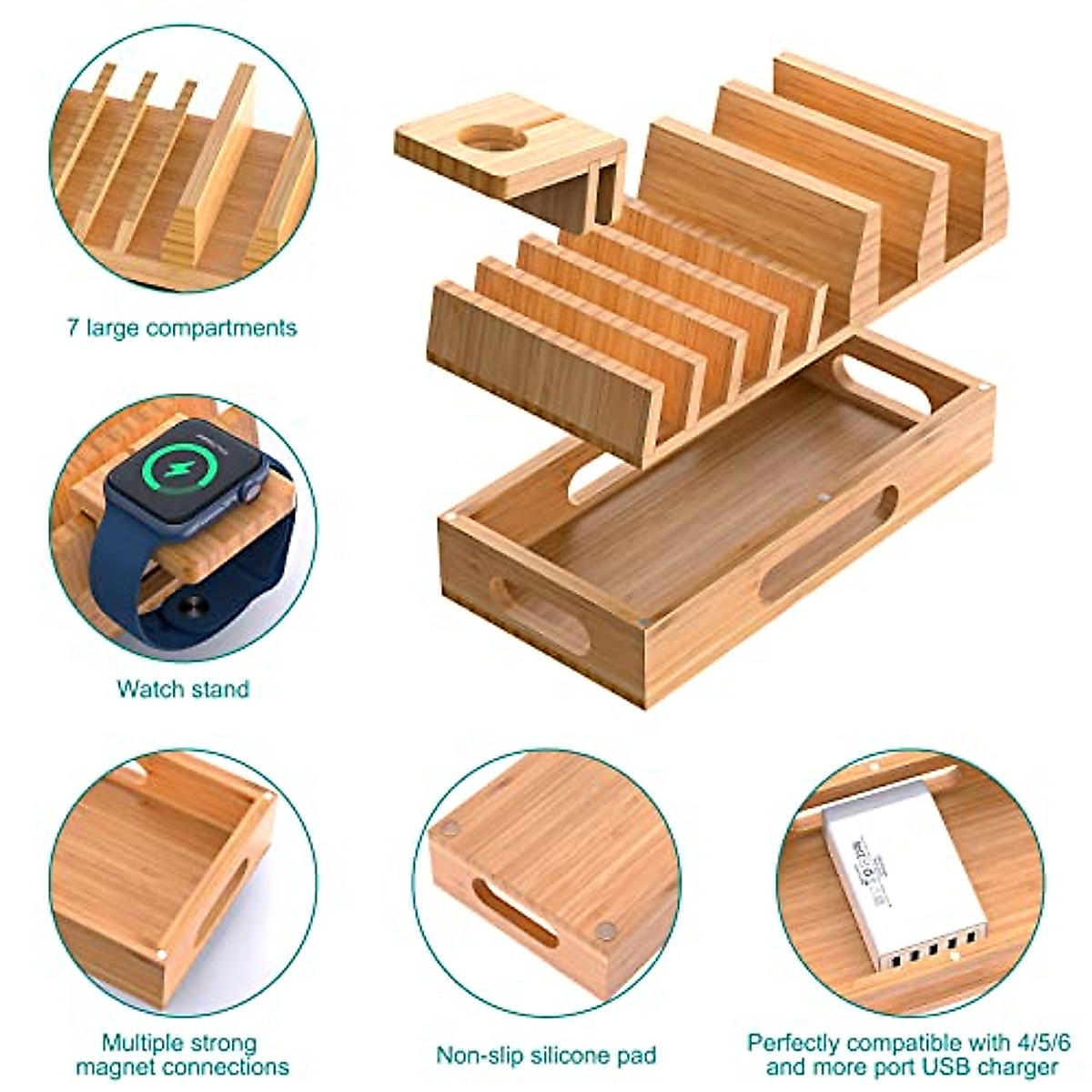 Pezin & Hulin Bamboo Charging Station Organizer for Multiple Devices & Wood Desktop Docking Charging Stand Such As Cell Phone, Tablets, Phone Case and Watch Stand (No USB Charger)
