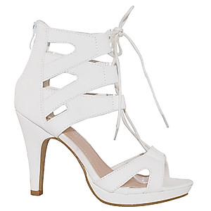 TOP Moda Women's Pebble-2 Gladiator Lace Up Bootie Sandals (White, 7.5)