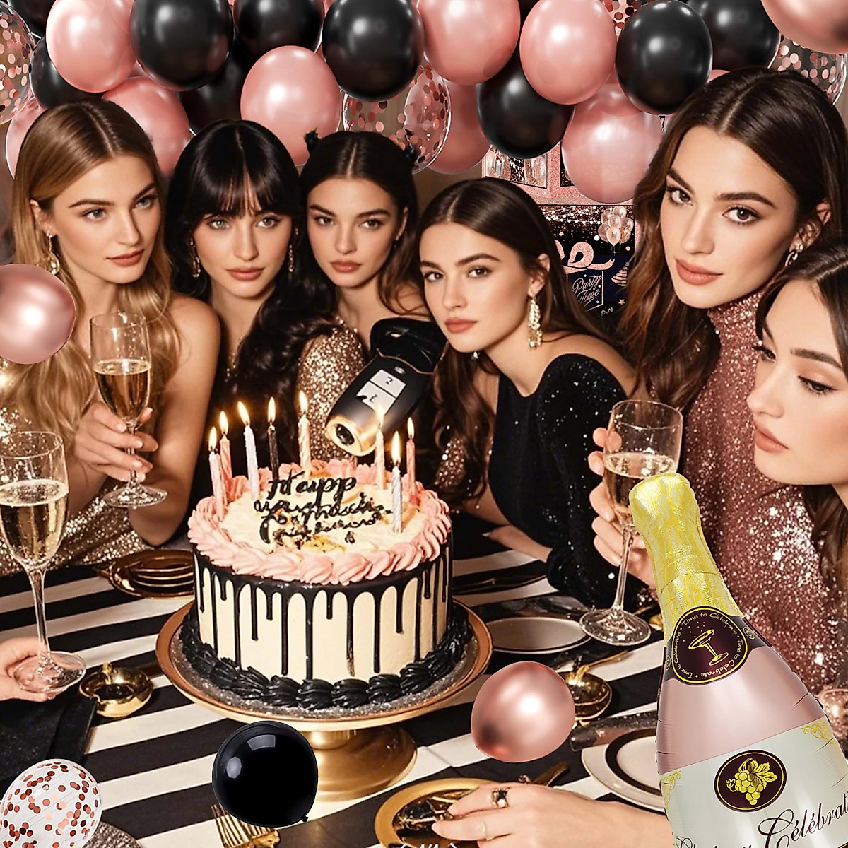 80th birthday decorations for women - (76pack) rose gold party Banner, Pennant, Hanging Swirl, birthday Balloons, Foil Backdrops, cupcake Topper, plates, Photo Props, Birthday Sash for gifts women