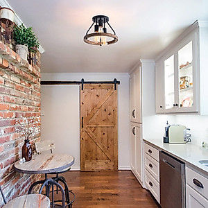 VILUXY Industrial Flush Mount Ceiling Light Fixture with Retro Wood Circle Shade for Hallway, Entryway, Bedroom, Balcony Passway 3-Light