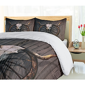 Ambesonne Barn Wood Wagon Wheel Duvet Cover Set, Long Horned Bull Skull and Old West Wagon Wheel on Rustic Wall, Decorative 3 Piece Bedding Set with 2 Pillow Shams, Queen Size, White Black Brown