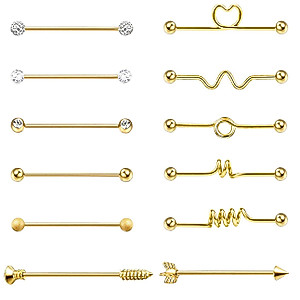 Masedy 12Pcs 14G 316L Stainless Steel Industrial Barbell Earrings for Women Men Cartilage Helix Piercing Gold