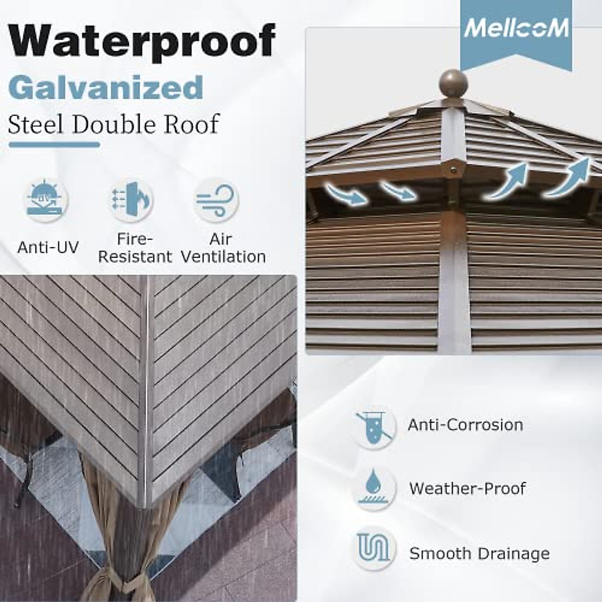 MELLCOM 12'x12' Hardtop Gazebo, Galvanized Steel Metal Double Roof Canopy Curtains and Netting, Outdoor Permanent Canopy Gazebos with Aluminum Frames for Patios, Gardens, Lawns