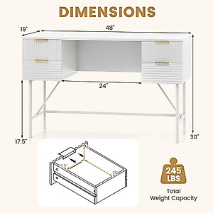 Giantex Modern Desk with 4 Drawers, 48 Inch Computer Desk with Storage, Heavy-Duty Gold Metal Frame, Makeup Vanity Dressing Table, White and Gold Desk for Bedroom Study Home Office