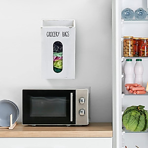 Farmhouse Wooden Grocery Plastic Bag Holder and Dispenser, Wall Mount Plastic Bag Holder with Extra-Wide & Easy-Access Openings, Garbage Bag Dispenser Anti-Fingerprint Rustic White Finish Bags Saver