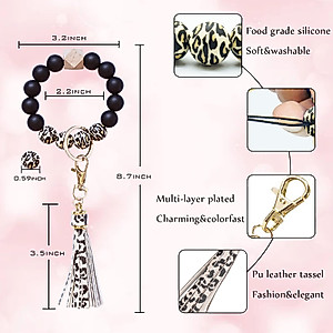 BAOSIWA Women Silicone Bracelet Keychain Wristlet Beaded Key Ring Leopard Bangle Chains with Leather Tassel