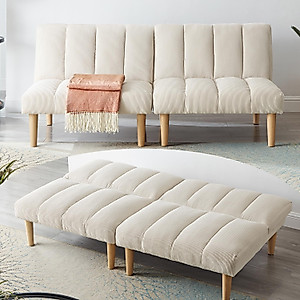 Modern Corduroy Convertible Folding Futon Couch Sofa Bed,with Adjustable Backrest Memory Foam Couch Double Loveseat Sofa for Compact Living Space,Dorm,Game Studio,Apartment,Bedroom (White)