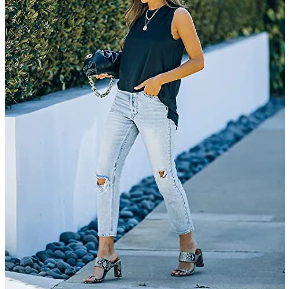 Dressmine Women's Tank Tops Loose Fit Crew Neck Sleeveless Summer Top Shirts Side Split Tunic Black XX-Large