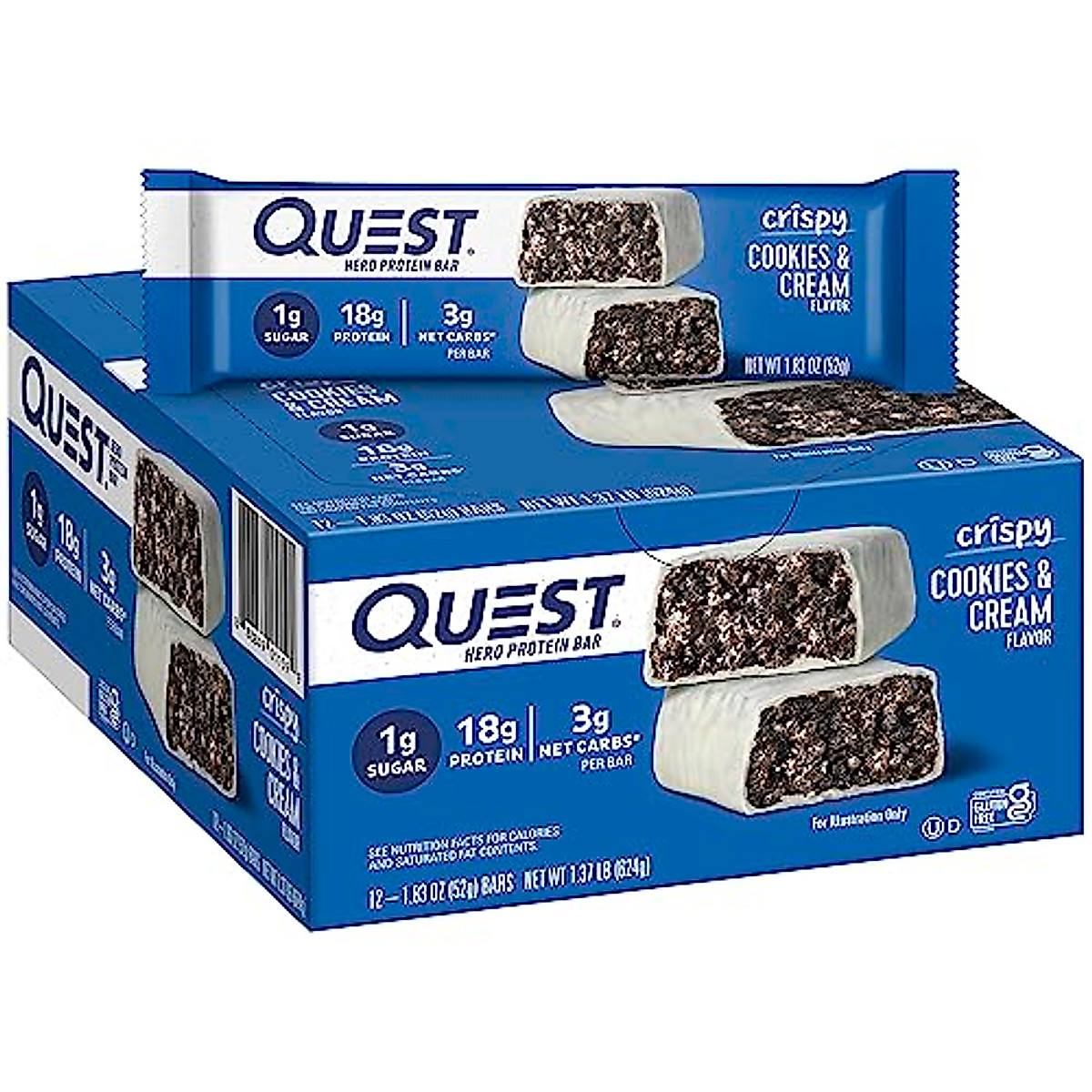 Quest Nutrition Crispy Cookies & Cream Hero Protein Bar, 18g Protein, 1g Sugar, 3g Net Carb, Gluten Free, Keto Friendly, 12 Count