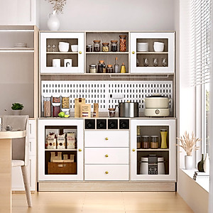 VOWNER Kitchen Hutch Cabinet, Pantry Cabinet, Freestanding Buffet Hutch with Pegboard, Cup Holder, Power Outlet, 4 Doors & 3 Drawers, Cupboard with Microwave Shelf & Wine Racks (Wood Color and White)