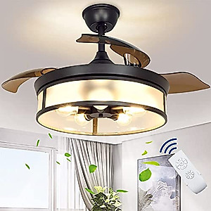 Depuley Industrial Ceiling Fan with Light, 42" Ceiling Fan with Retractable Blades, Vintage Acrylic Chandelier Fan Light Fixtures with Remote for Living Room, Kitchen, Bedroom, 5 E26 Base(No Bulb)