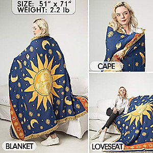 MayNest Sun And Moon Stars Hippie Throw Blanket Celestial Tapestry Double-sided Reversible Woven Cotton Home Decor Bedding Chair Couch Recliner Cover Loveseat Rug Oversized Tassels Blue Yellow (71x51)