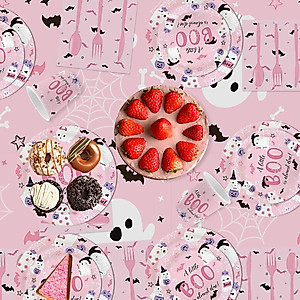 MEHOFOND Pink Halloween Baby Shower Decorations for Girl, Little Boo Disposable Dinnerware with Banner, Ghost Bat Pumpkin Baby Shower Plates and Napkins Set, Paper Plates Cups Party Supplies, Serve 24