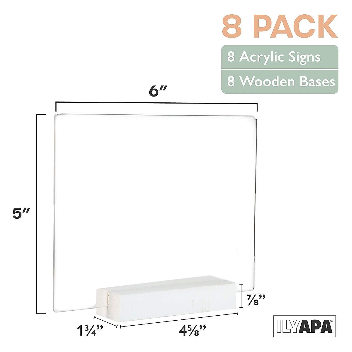 Ilyapa Acrylic Sign Holders with White Wood Stands, 8 Pack - Small 5x6 Inch Blank Table Numbers Set for Wedding