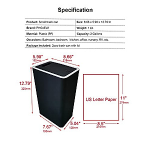 PHOJEWI Small Bathroom Trash Can with Lid, 2 Packs 2 Gallon Dog Proof Trash Can Black Wastebasket Slim Plastic Trash Can for Bedroom Office Kitchen Garbage Can