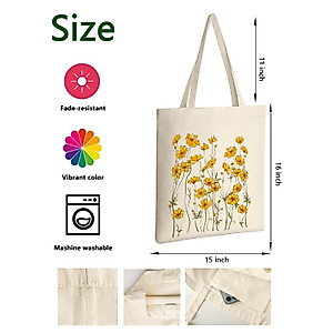 AUSVKAI Canvas Tote Bag Aesthetic for Women, Cute Yellow Flower Reusable Cloth Cotton Bags for Shopping School Beach Trendy Gifts