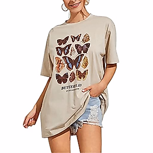 Meladyan Women’s Oversize Graphic Printed Loose Tee Short Sleeve Round Neck Loose Tshirt Tops Apricot