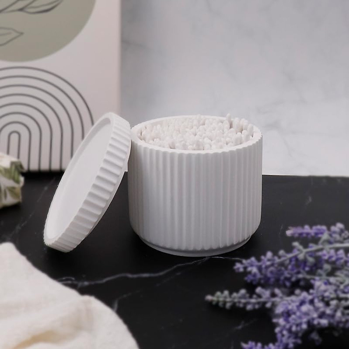 HEVSTIL Qtip Holder Dispenser with Lid Diatomite Holder Dispenser for Cotton Ball, Cotton Swab, Cotton Round Pads, Floss Picks for Bathroom Canister Storage Organization, Vanity Makeup Organizer