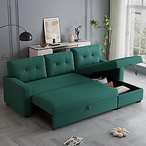 Acosure 82" Pull Out Couch with Storage Chaise,L-Shape Sectional Sofa Bed W/Tufted Backrest,3 Seater Convertible Sleeper for Living Room Apartment Office,Green