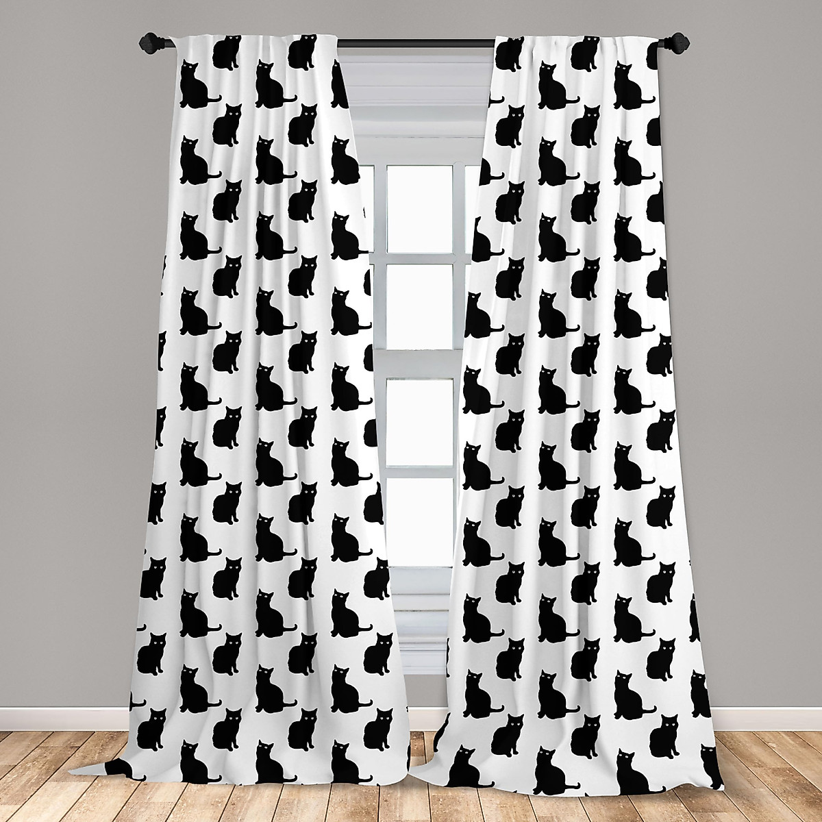 Ambesonne Cat Curtains, Black Cat on White Backdrop Playful Friendly Animals Posing Domestic Pets, Window Treatments 2 Panel Set for Living Room Bedroom, Pair of - 28" x 63", Black White
