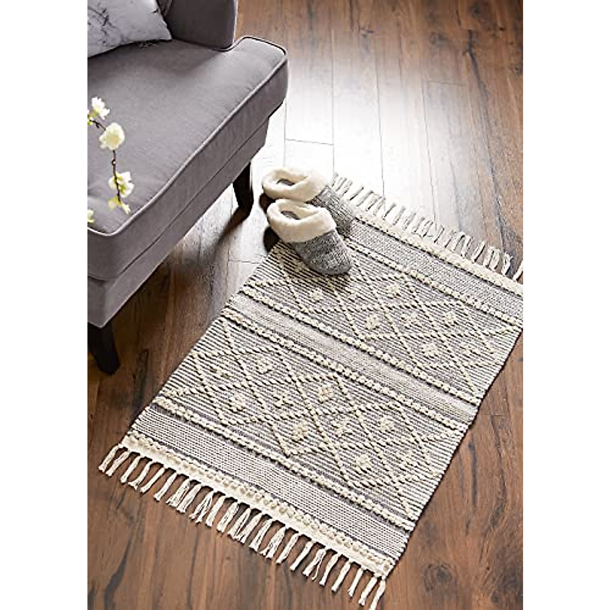 DII Woven Rugs Collection Textured Hand-Loomed with Fringe, 2x3', Gray Diamond