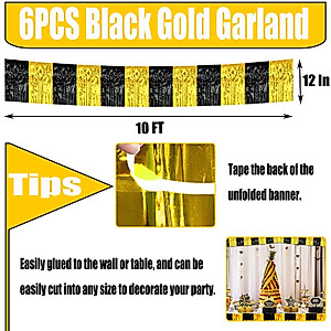 6 Pack 10 Feet Foil Fringe Garland Metallic Tinsel Streamers Banner Wall Hanging Backdrop for Parade Floats, Bachelorette, Wedding, Birthday, Graduation Party Decorations(Black Gold)