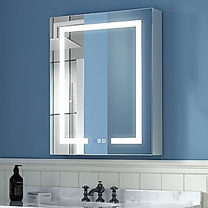 ExBrite LED Lighted Bathroom Medicine Cabinet with Mirror, 24 x 30 Inch, Recessed or Surface led Medicine Cabinet, Defog, Stepless Dimming,Color Temper Change, 2 Outlets, Storage Shelves, Left Hinge