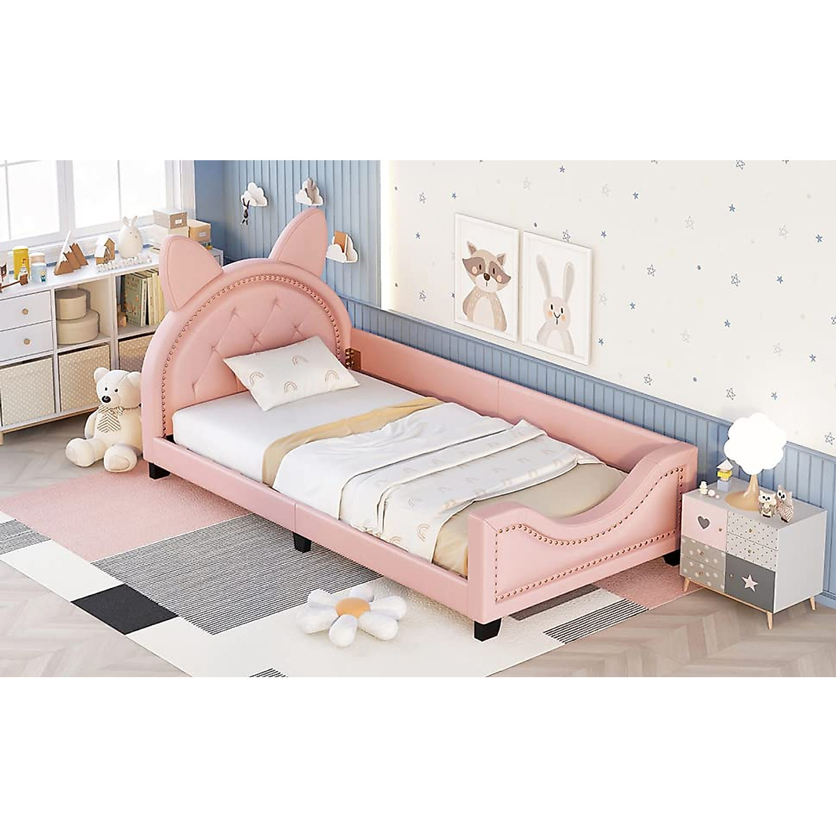 Harper & Bright Designs Twin Size Wood Platform Bed Frame with House-Shaped Headboard for Boys Girls Kids Toddler (Pink)