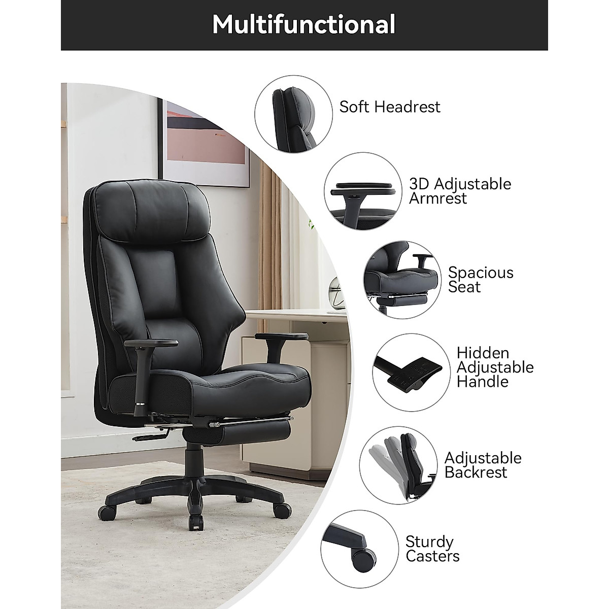 DJ·Wang Big and Tall Office Chair 400lbs, Executive Office Chair with Foot Rest, High Back Office Chair with Back Support, Oversized Office Chair for Heavy People, Leather Office Chair Black