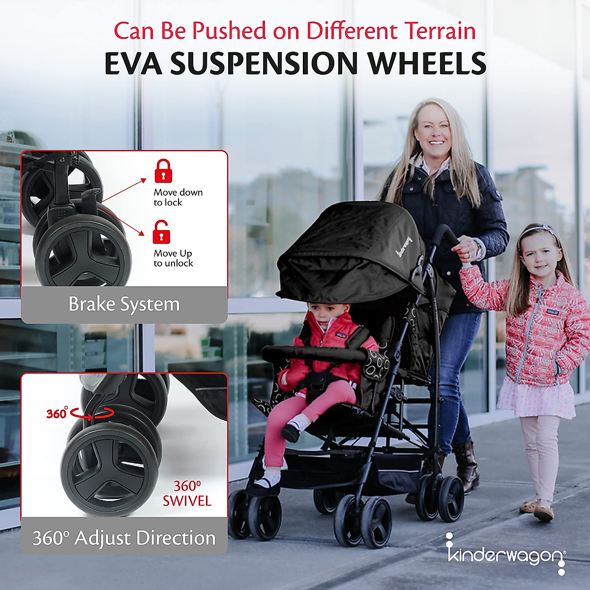 Kinderwagon HOP Lightweight Double Stroller - Umbrella Stroller, Twin Stroller Compatible with One Infant Car Seat, Smooth Infant and Toddler Double Stroller, Includes Rain Cover & Cup Holder (Black)