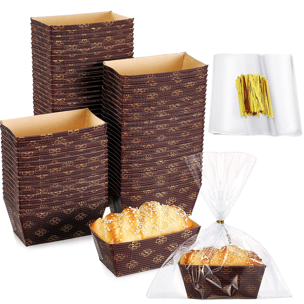 Sabary 100 Pcs Mini Disposable Paper Loaf Pan with Clear Plastic Bread Bags, 3.1 x 1.5 x 1.7 Inch