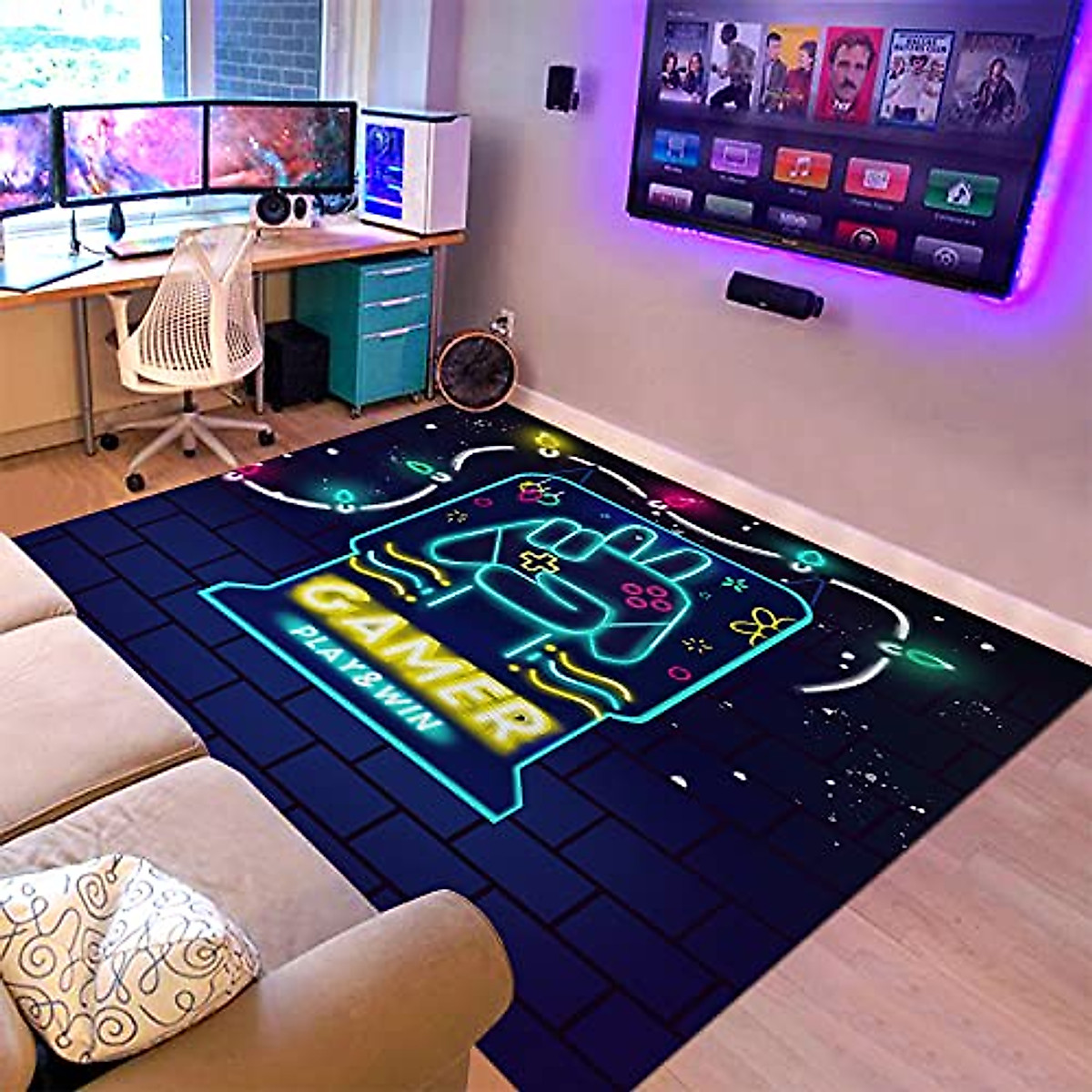 Gaming Rug for Kids Gamer Carpet Bedroom Game Controller Area Rugs Washable Non-Slip Rugs Pads Size 40 x 60in - White