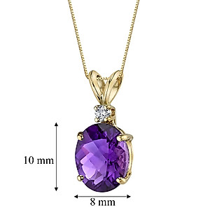 PEORA 14K Yellow Gold Amethyst and Diamond Pendant for Women, Genuine Gemstone Birthstone Elegant Solitaire, Oval Shape, 10x8mm, 2 Carats total