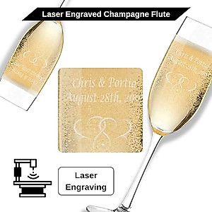 CKB Products Personalized Champagne Flutes Set of 2, Wedding Gifts for Bride and Groom with Couple's Names and Date, Interlaced Hearts, Customized Champagne Flutes, Modern Toasting Glasses