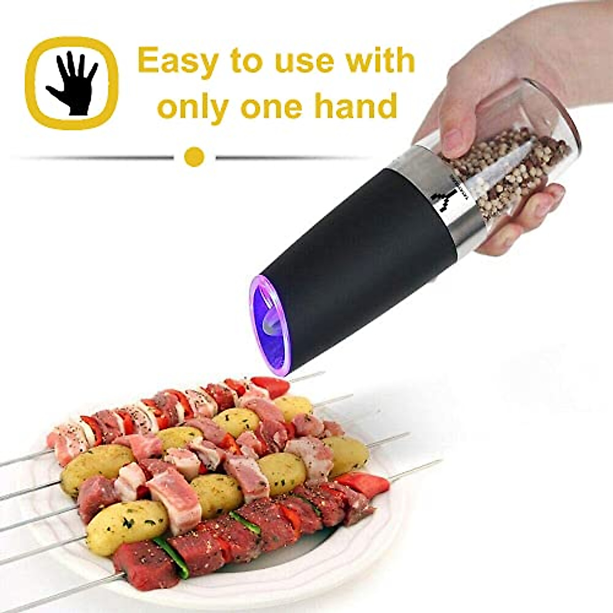 YAYAYOUNG Gravity Electric Grinder set of 2,Automatic Pepper and Salt Mill Grinder with Blue LED LIGHT,Electric Pepper Mill with Adjustable Coarseness,Refillable,salt and pepper shaker,pepper grinder