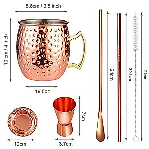 LIVEHITOP Moscow Mule Mugs Gift Set of 4, 19.5Oz Copper Cups with Copper Coasters, Bar Spoon, Jigger, Straws, Brush for Cold Drinking, Party, Home Bar