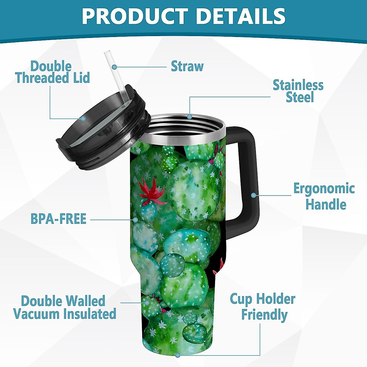 Yasala Car Tumbler with Handle Green Cactus Watercolor Travel Mug Coffee Cup Insulated Beverage Container Mega Cup for Hot Cold Drinking Thermos Water Bottle Cupholder Friendly 40 oz