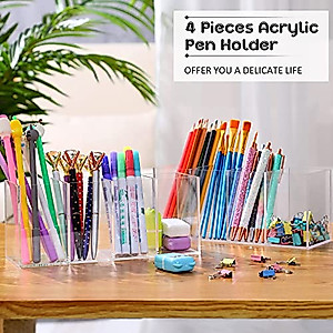 Pajean 4 Pack Acrylic Pen Pencil Holder 4 Compartments Clear Pencil Pen Holder Organizer Acrylic Makeup Brush Holder Acrylic Pencil Organizer Cup for Office Home Supplies Desk Accessories