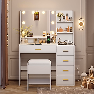 VIAGDO Makeup Vanity Set with Mirror and Lights, Vanity Desk with Charging Station & Cushioned Stool, White Bedroom Vanity Table with Drawers, Jewelry Box, Open Storage Shelves