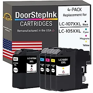 DoorStepInk Remanufactured in The USA Ink Cartridge Replacements for Brother LC107 Black LC 105 CMY for Printers MFC-J4410DW MFC-J4510DW MFC-J4610DW MFC-J4710DW