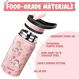AEXPF Insulated Kids Water Bottle with Sleeve, 14 oz Double Wall Vacuum Stainless Steel Leakproof Thermos Water Bottle with 2 Straw Lids, Portable Unicorn Pattern Kids Cup for School Travel Camping