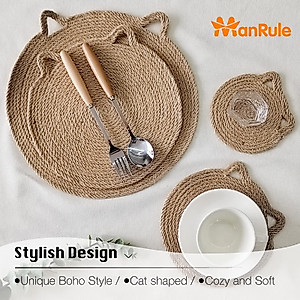 Boho Coasters for Drinks Absorbent, Set of 6 Jute Coasters for Coffee Table Dinning Table, Funny Cat Coasters 4.7 inch, Unique Farmhouse Coasters for Home Decor (4.7 inch)