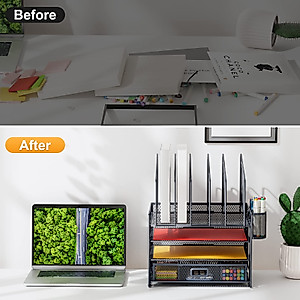 Marbrasse Desk Organizers, 4-Tier Mesh Desk File Organizer with 5 Vertical File Holders and 2 Pen Holders, Multifunction Desktop Organizer,Desk Organizers and Accessories for Home Office (Gray)