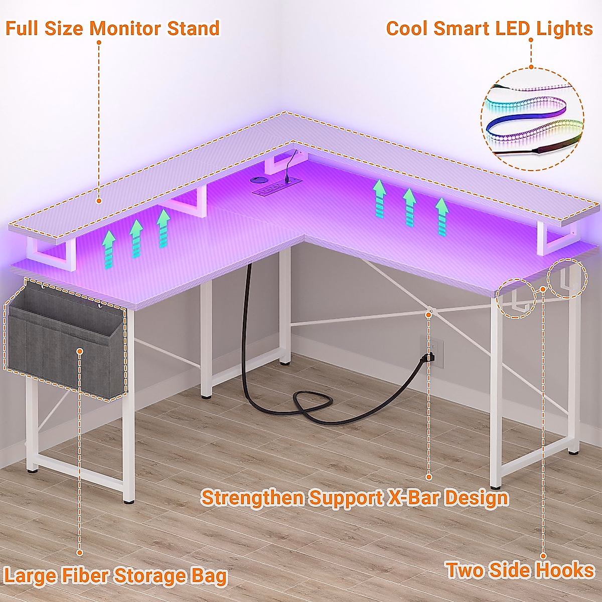 armocity L Shaped Computer Desk with Power Outlets, Gaming LED Lights, Corner Storage Shelves, Work Study for Bedroom, Home Office Small Spaces, 47'', Carbon Fiber Purple