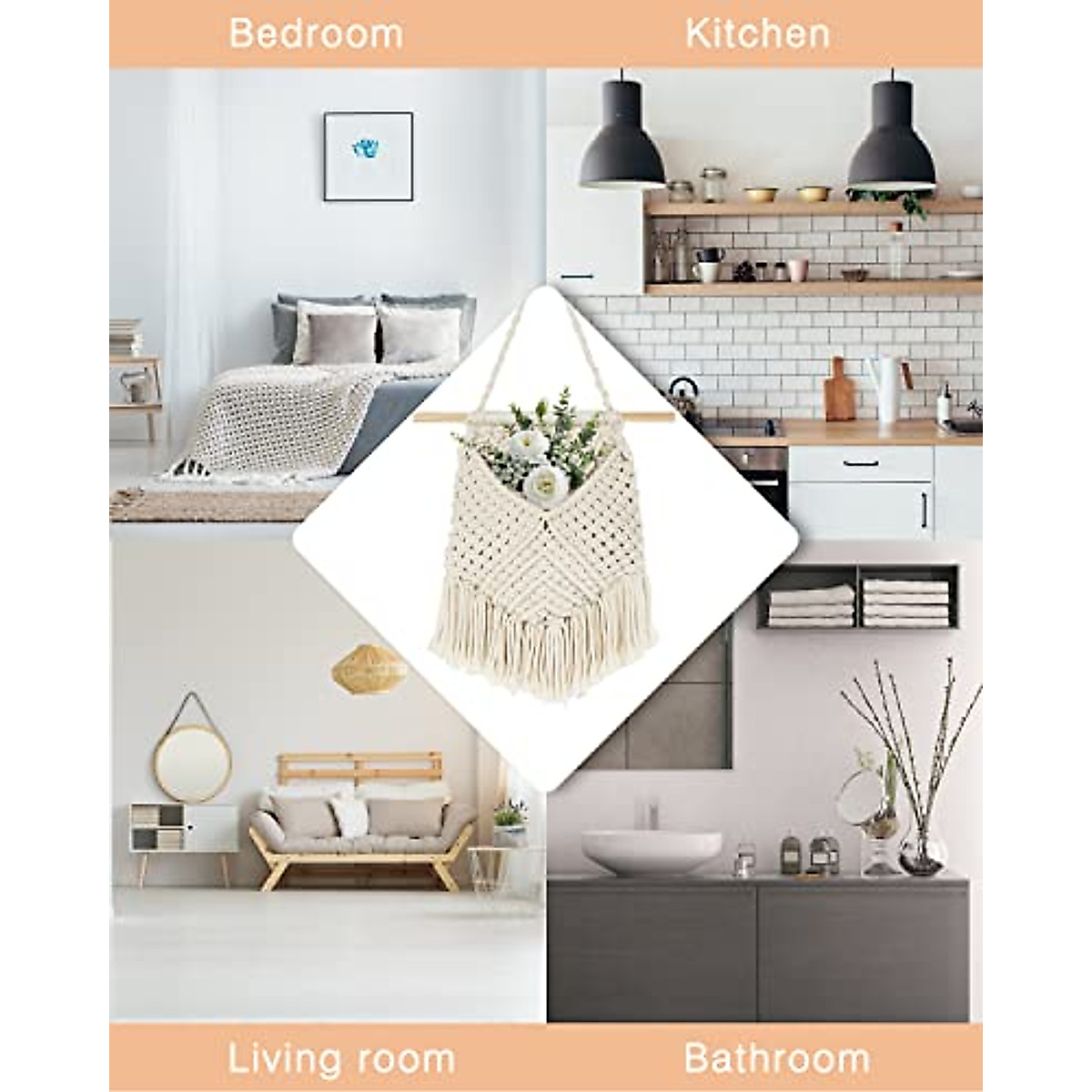 MOVNO Macrame Fruit Basket, Handmade Macrame Fruit Hanger, Decorative Macrame Hanging Basket, Space Saving Wall Storage Basket, Hanging Decor Fruit Basket, Perfect for Bedroom/Living Room/Bathroom