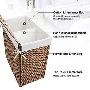 Greenstell Laundry Hamper with lid, No Install Needed, 110L Wicker Laundry Baskets Foldable 2 Removable Liner Bags, 2 Section Clothes Hamper Handwoven Rattan Laundry Basket with Handles, Natural