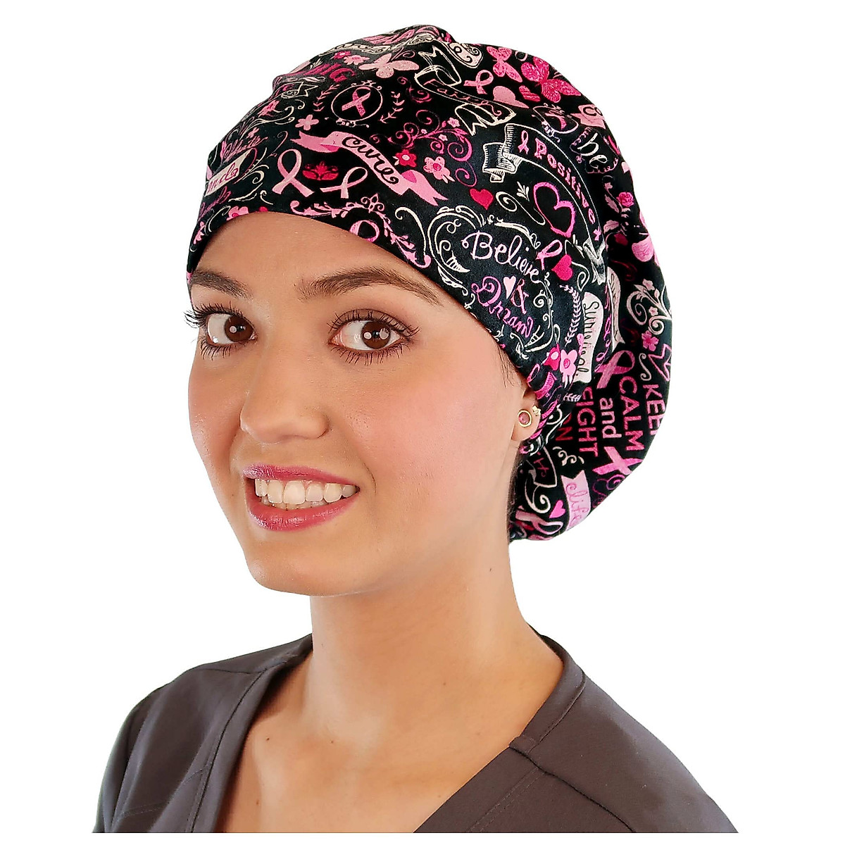 Sparkling EARTH Pink Ribbon Collage (Breast Cancer Ribbons) - Riley Medical Scrub Caps - Adjustable Cord Lock Closure - Made in USA!