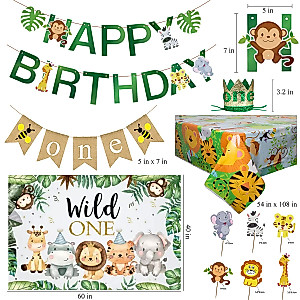 Tsoifu Safari 1st Birthday Decorations for Boy Wild One Backdorp Happy Birthday Banner Jungle Themed Tablecloth Balloon Garland Kit