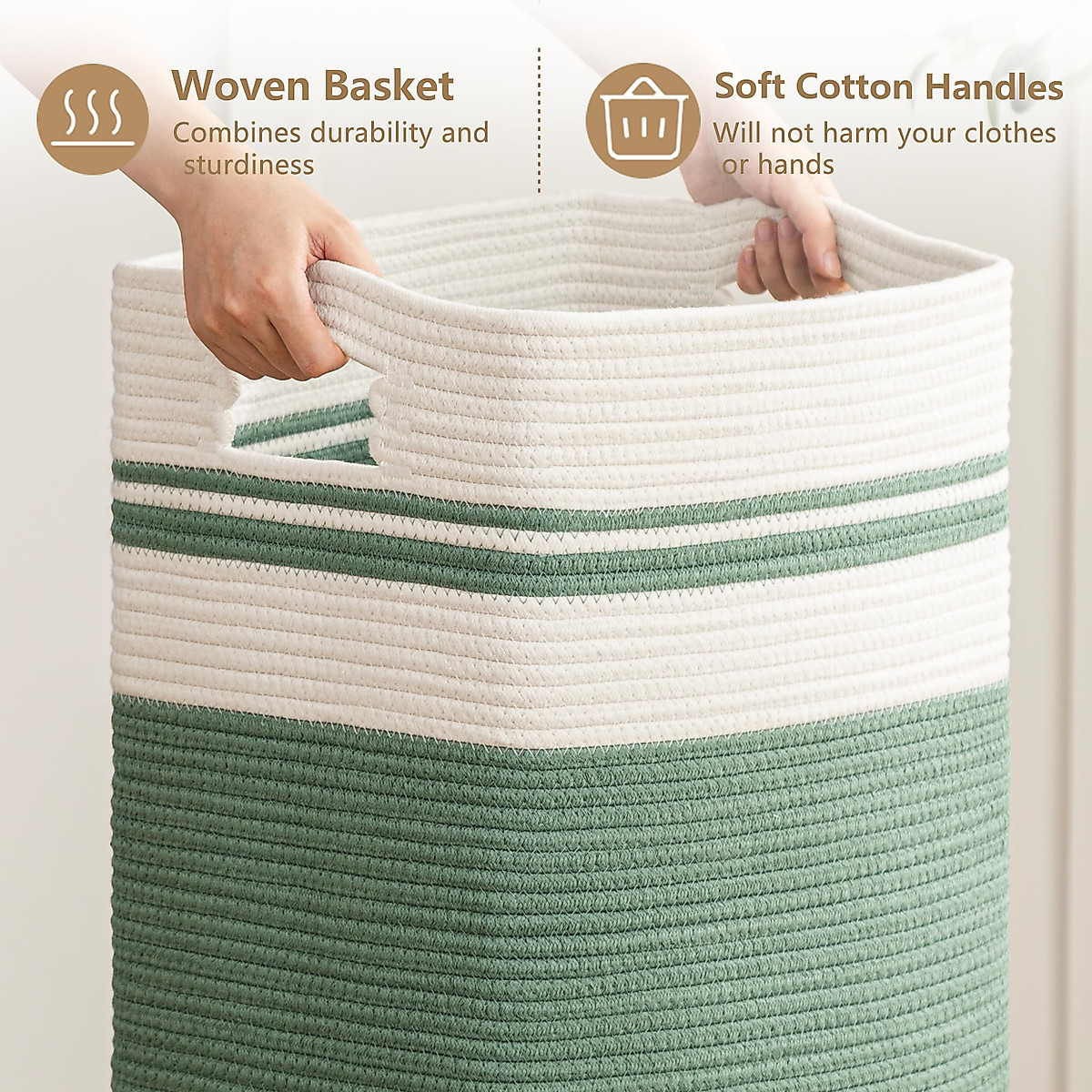 joybest Cotton Laundry Hamper, Large Woven Rope Basket with Handles for Living Room and Bedroom, Stylish Storage Basket for Clothes, Toys, and Blankets - 22x16x13 Inches Green
