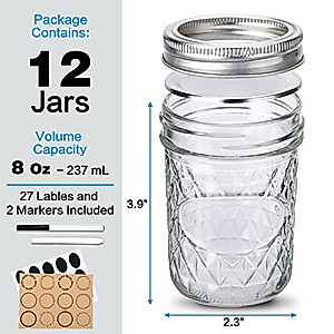 12 Pack Mason Jars 8 oz with Airtight Lids, Glass Regular Mouth Canning Jars, Small Quilted Crystal Jars for Jelly, Jam, Overnight Oats, Meal Prep